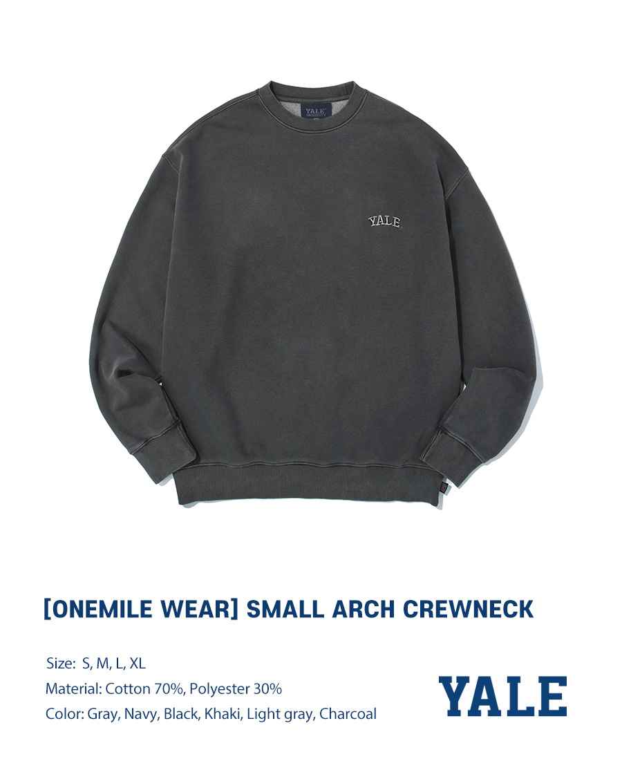 MUSINSA | YALE [ONEMILE WEAR] SMALL ARCH CREWNECK PG CHARCOAL